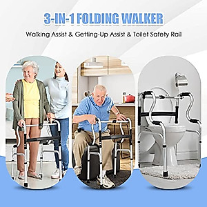 Goplus 3-in-1 Stand-Assist Folding Walker, 400LBS FDA Certification Heavy Duty Walking Mobility Aid, Can be Used as Toilet Safety Rail, Height Adjustable Narrow Drive Walkers for Seniors Elderly Adult