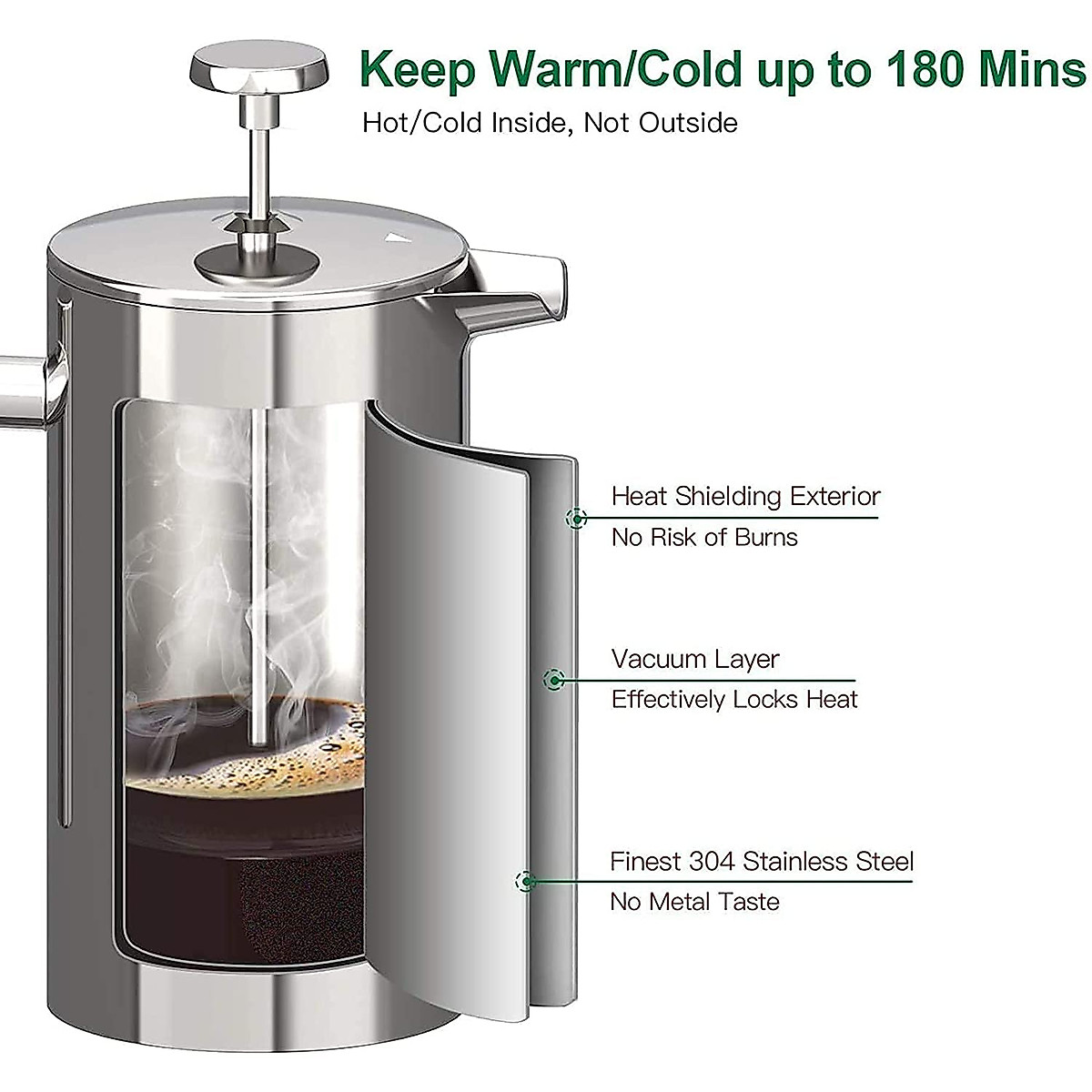 French Press Coffee Maker,Espresso And Tea Maker with Triple Filters,Stainless Steel 304 with Double-Wall Insulated Coffee Presser And Tea Pot