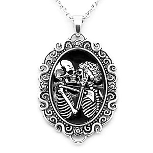 Controse Women's Silver-Toned Stainless Steel - The Eternal Lovers Skull Cameo Necklace (17" - 19" adjustable chain)