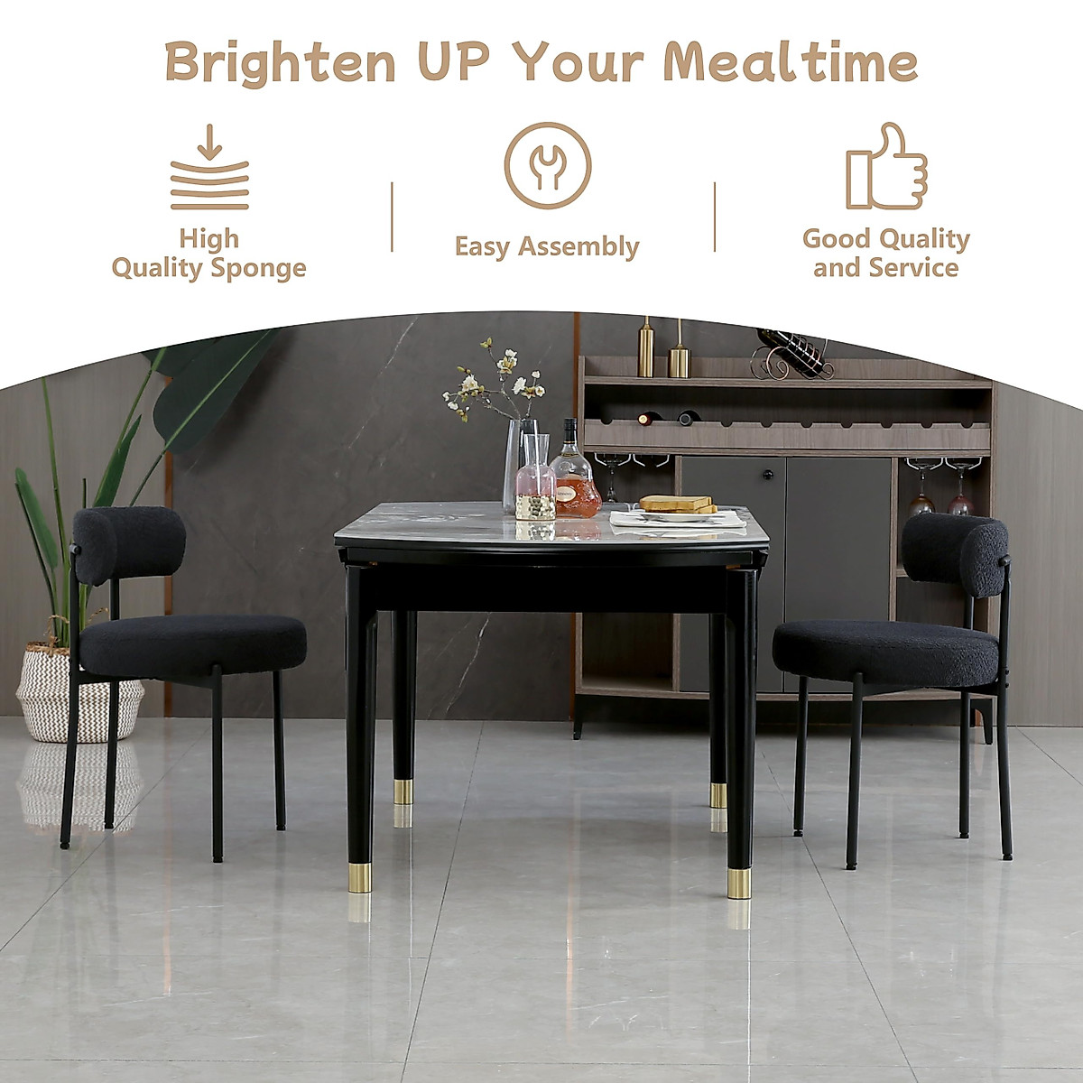 AISALL Black Dining Chairs Set of 2 Round Upholstered Boucle Dining Room Chairs Mid-Century Modern Kitchen Chairs Curved Backrest Chairs for Dining Room Black Metal Legs