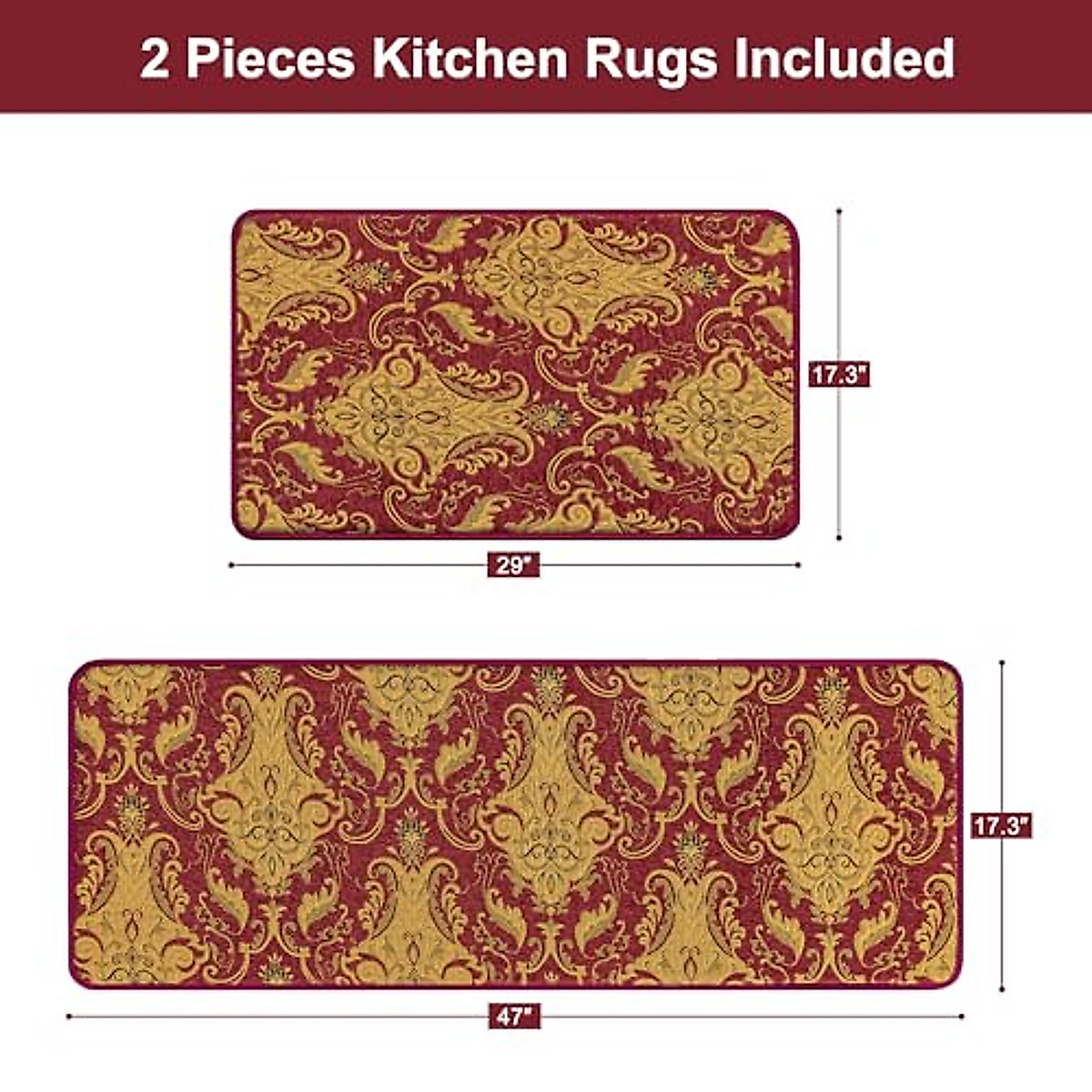 Loom and Mill Luxury Kitchen Rugs Set 2 Pieces, Non Skid Absorbent Chenille Memory Foam Kitchen Runner Rug Floor Mats, Comfort Standing Mat for Front of Sink,Machine Wash(Red,17.3"x47"+17.3”x29)