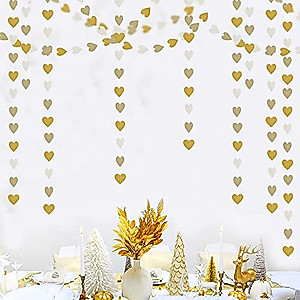 White-Gold Champagne Party-Decorations Heart Streamers Garland - 52Ft Christmas Wedding Engagement Hanging Paper Banner,Bachelorette Neutral Baby Bridal Shower Decor Banners Lasting Surprise