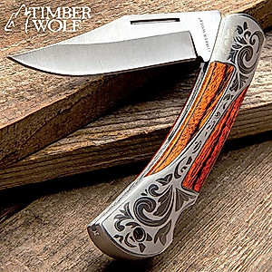 TIMBER WOLF Gentleman’s Lockback Pocket Knife – Razor-Sharp Stainless Steel Blade, Custom Handle with Wooden Inlays, Scroll Design Bolsters – A Practical and Handsome EDC - 7 1/2" Overall
