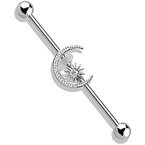 CZ Paved Moon with CZ Center Star 316L Surgical Steel Industrial Barbell (Clear)