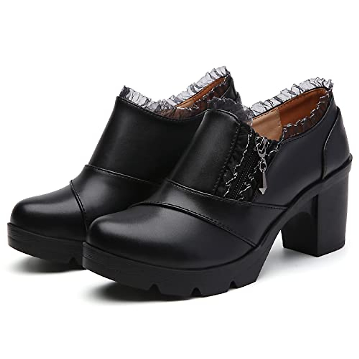 DADAWEN Women's Casual Zipper Lace Platform Mid-Heel Square Toe Oxfords Dress Shoes Black US Size 8