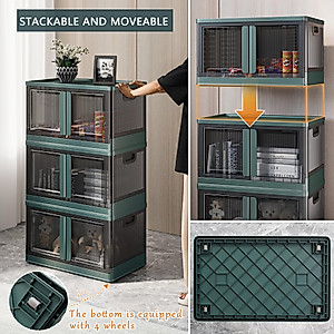 Sineda 8.4 Gallon Collapsible Storage Bins with Lids, 4 Pack - Stackable Storage Bins with Doors and Wheels, Plastic Storage Cabinet for Easy Storage and Organization, Green