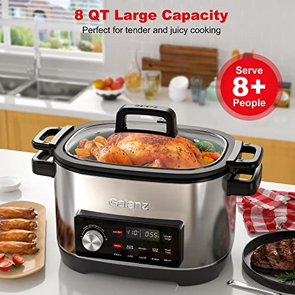 Galanz 8-in-1 Multi Cooker with Air Fry, Sous Vide, Rice, Sauté, Slow Cook, Steam, Roast, & Grill - Removable 8 QT Cooking Bowl, 8 Pre-Set Programs, Stainless Steel