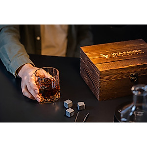 Luxury Whiskey Glass Set of 2, Gift Set in Wooden Box, Includes 8 Whiskey Ice Stones, Velvet Bag and Stainless Steel Tongs. Great Gift for Men, Dad, Christmas. (14)