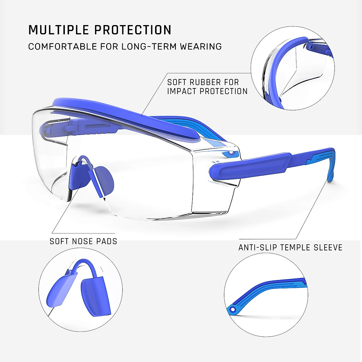 MEIGIX Anti Fog Safety Glasses Safety Goggles Over Glasses Protective Glasses with Anti Scratch Lenses Adjustable Frame And Temples,Clear, Lab Eyewear Goggles for men & Women(Blue 1 Pair)