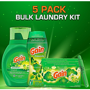Gain Laundry Detergent Bundle with Gain Detergent, Fireworks Scent Booster, Dryer Sheets and Gift Boutique Lint Stick, For Travel, Dorm Room Supplies, First Apartment, 5 Pack