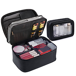 MAGEFY 2 PCS Travel Cosmetic Bags Leather Double Layer Organizer Clear Toiletry Bag Black Makeup Bags for Women Gifts with Adjustable Dividers