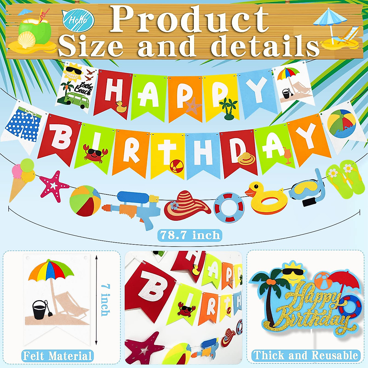 Summer Beach Party Decorations, Beach Theme Pool Birthday Party Supplies Including Birthday Banner Beach Garland Paper Lanterns Beach Balls Cupcake Toppers Balloons Set for Hawaiian Luau Party