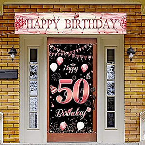DegGod Happy 50th Birthday Backdrop Banner, Extra Large Rose Gold Birthday Sign Poster Photo Booth Props for Men Women Birthday Party Background Decoration Supplies (Pink,50th)