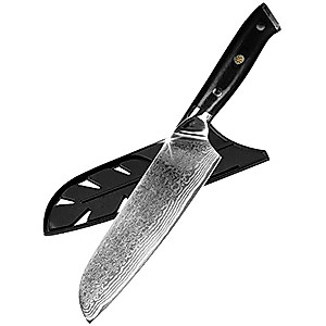 XYJ Professional Damascus Chef Knife VG10 High Carbon Stainless Damascus Steel Knife Ergonomic G10 Handle Razor Sharp 7" Japanese Santoku Knife with Knife Sheath & Gift Box
