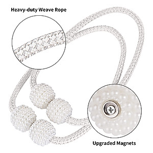 Kirecoo 2 Pack Curtain Tiebacks - Magnetic Curtain Tiebacks, Pearl Curtain Ties Decorative Rope, Curtain Holder Holdbacks for Drapes, Sheer Curtains (White)