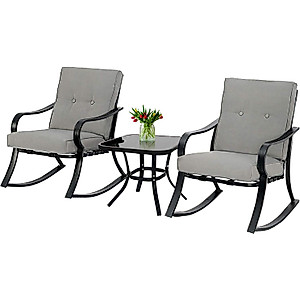 Incbruce 3 Piece Patio Bistro Set Outdoor Rocking Chairs Set, Porch Patio Chairs Set of 2 with Coffee Table (Gray Thickened Cushion)
