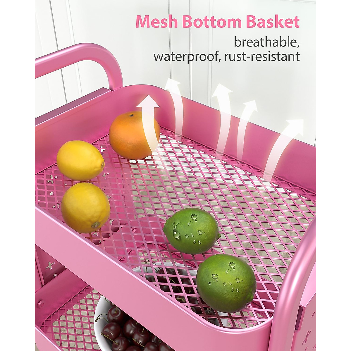 ALVOROG 3-Tier Rolling Utility Cart Movable Storage Organizer Shelves with Wheels and Hanging Cups Multifunctional Service Cart for Kitchen, Office, Coffee Bar-Black