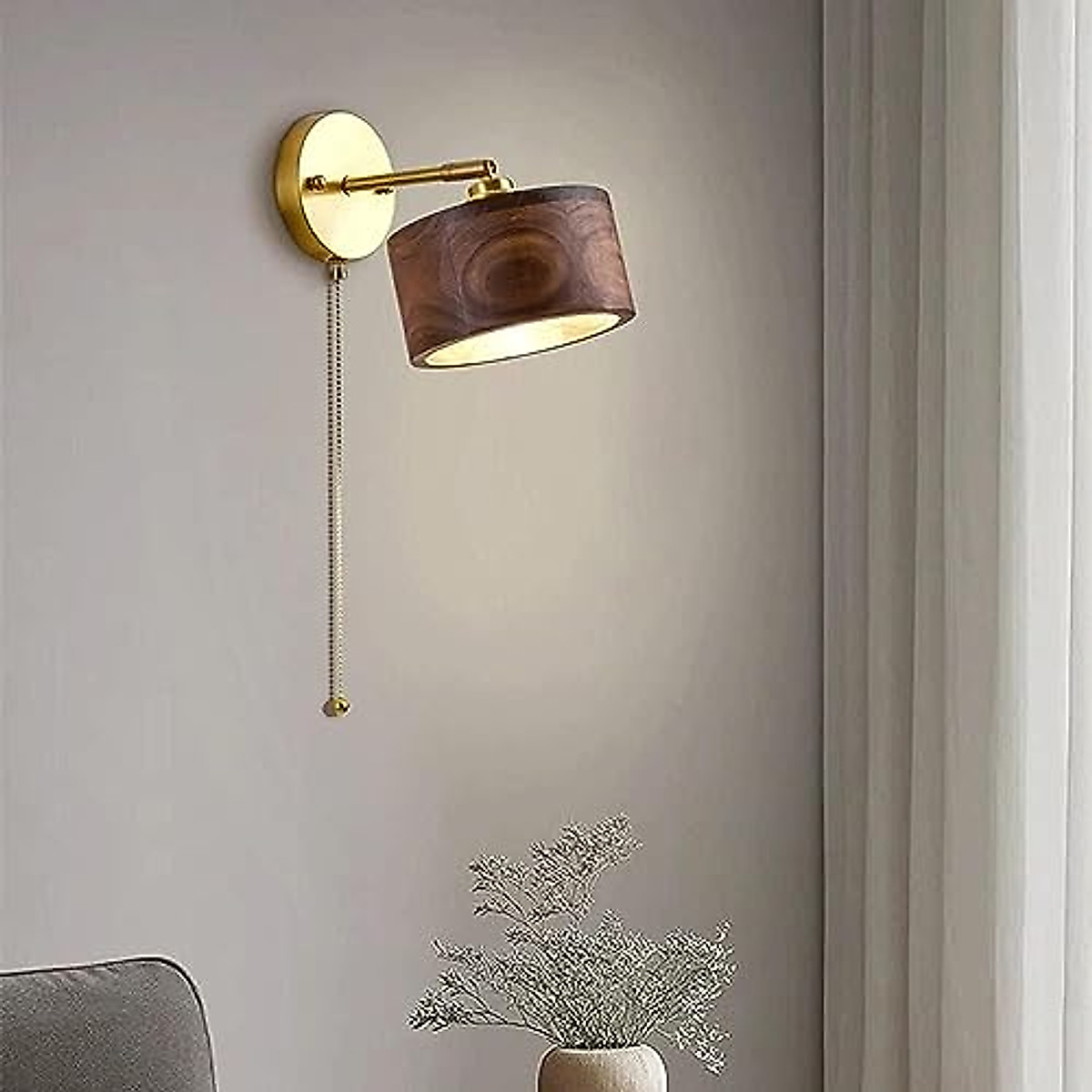 VUCICA Modern Simple Wall Lamp Adjustable Bedside Wall Sconce Walnut Wall Light with Pull Cord Switch E27 Lighting Fixture for Living Room Study Office Homestay