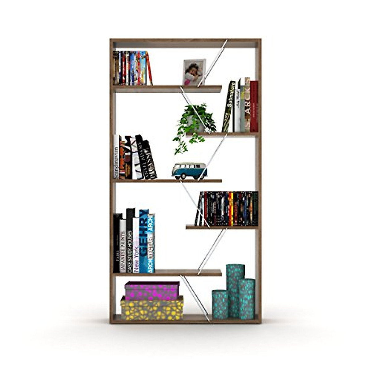 DSHADE Modern 6 Tier Book Shelf Solid Wood Tall Bookshelf Organizers Open Display Shelf Book Home Office Furniture Bookcase Open Display Shelf for Living Room Home Office (Walnut/Chrome)