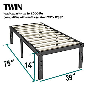 Auroral Zone Twin Bed Frame 14 Inches Tall 3 Inches Wide Wood Slats with Better Support for Foam Mattress No Sagging No Slip, No Box Spring Needed, Noise Free, Easy Assembly-Black