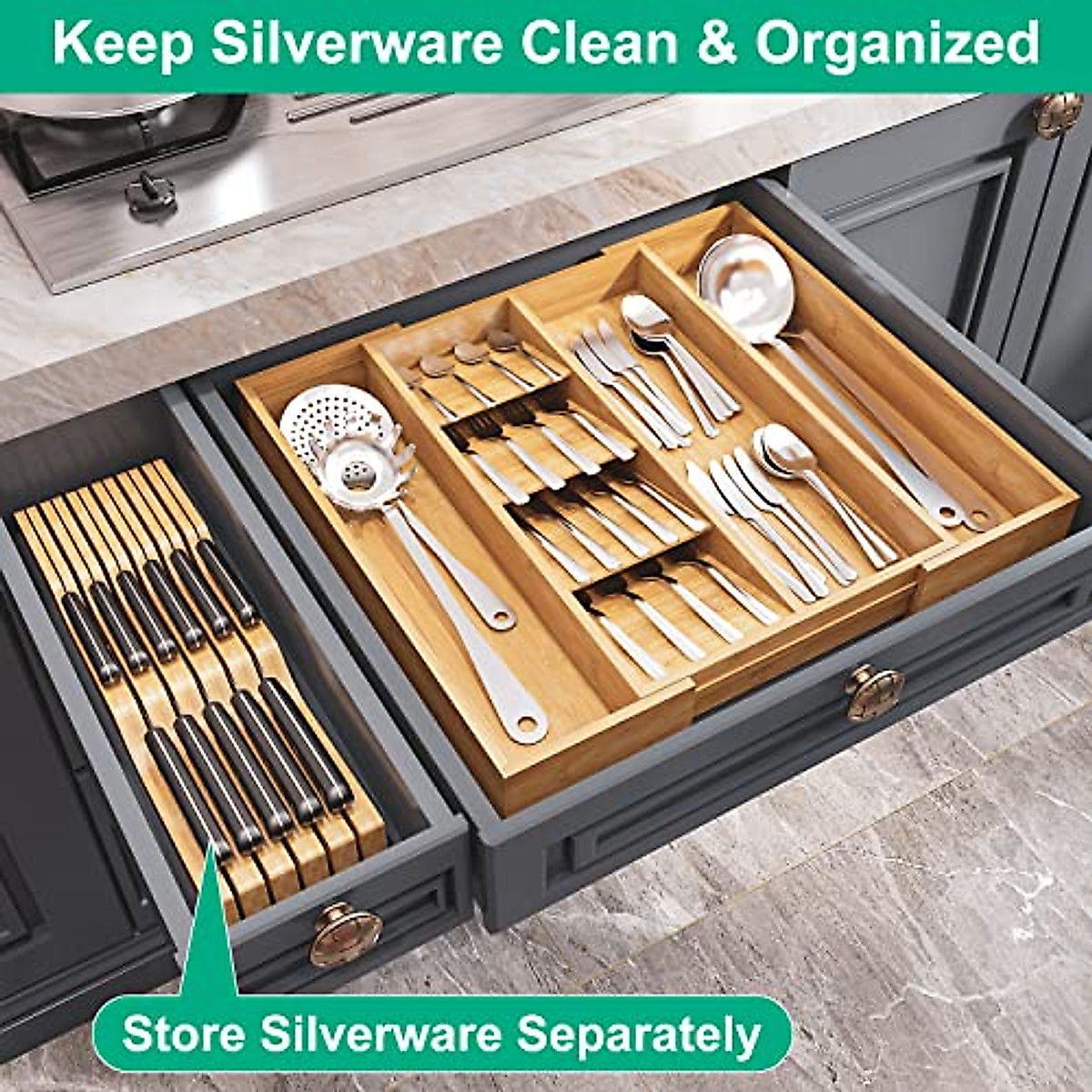 kiplant Bamboo Kitchen Drawer Organizer, Expandable Cutlery Tray Silverware Organizer with Large Knife Blocks for Silverware, Flatware, Knives, Utensil Organizer for Kitchen Drawers