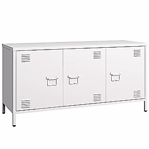 MIOCASA 3 Door Metal Locker TV Cabinet with Shelf Industrial Steel Storage Cabinet TV Stand Entertainment Media Console Table for Living Room,Bedroom, Garage, Office (White)