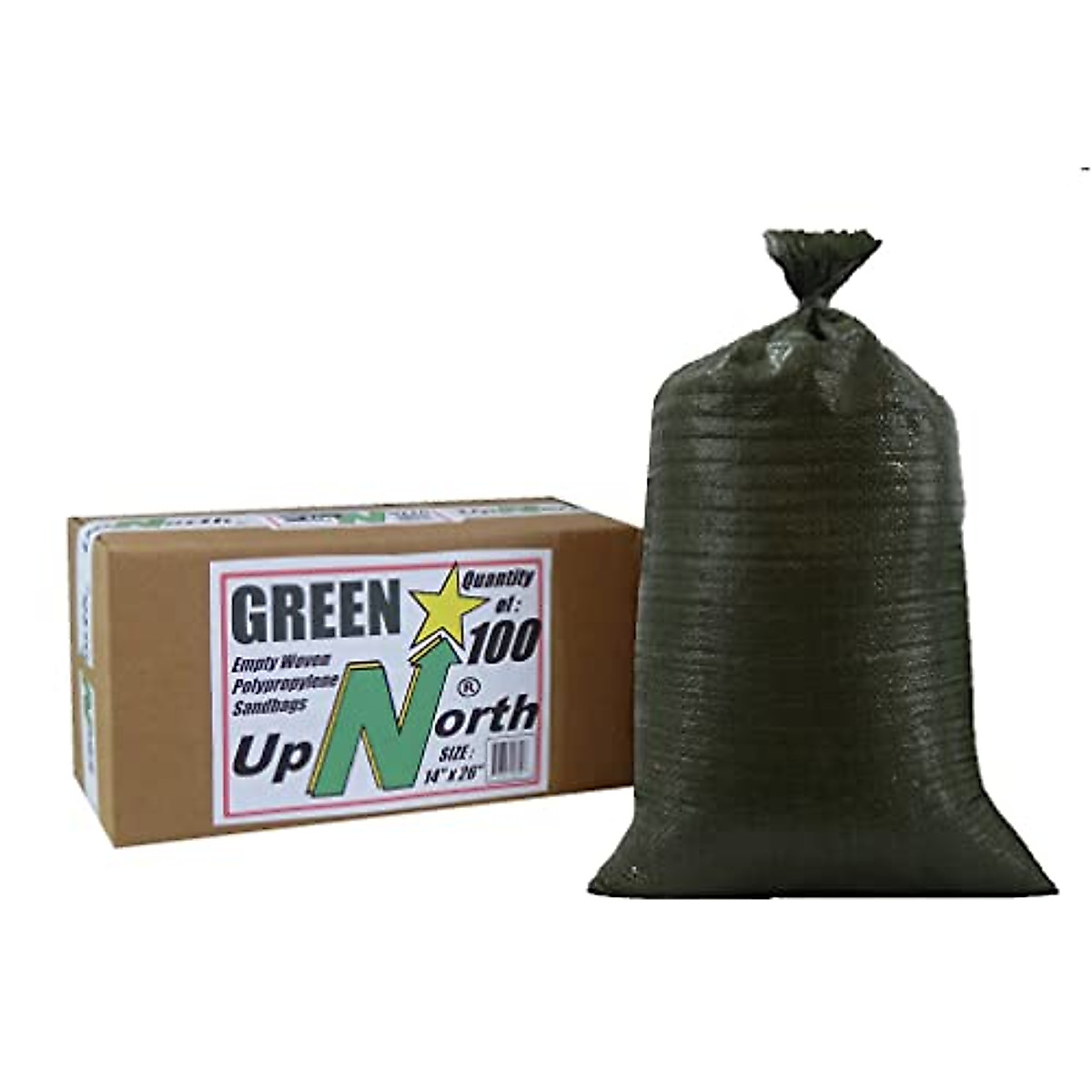 UpNorth Sandbags - Box of 100 - Empty Woven Polypropylene Sand Bags w/Ties, w/UV Protection; size: 14" x 26", color: Military Green