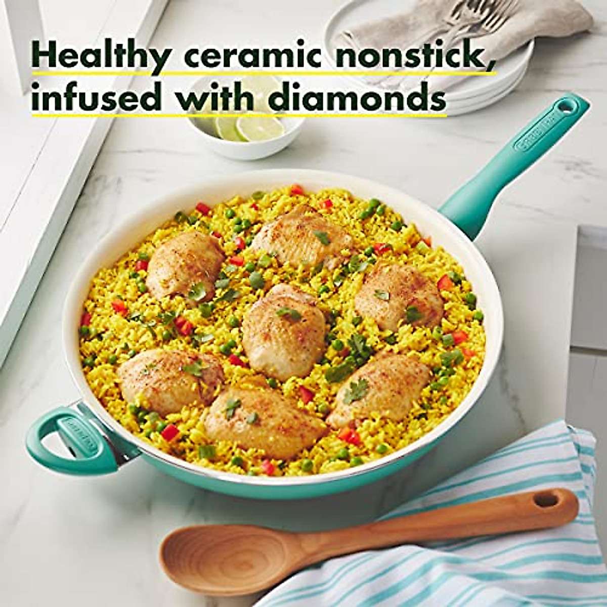 GreenPan Rio Healthy Ceramic Nonstick 13.5" Frying Pan Skillet with Helper Handle, PFAS-Free, Dishwasher Safe, Turquoise
