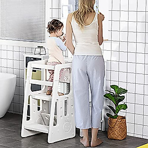 Qaba Toddler Tower with Adjustable Height, Toddler Kitchen Stool Helper with Anti-Slip Mat, Step Stool for Kitchen, Bathroom, White