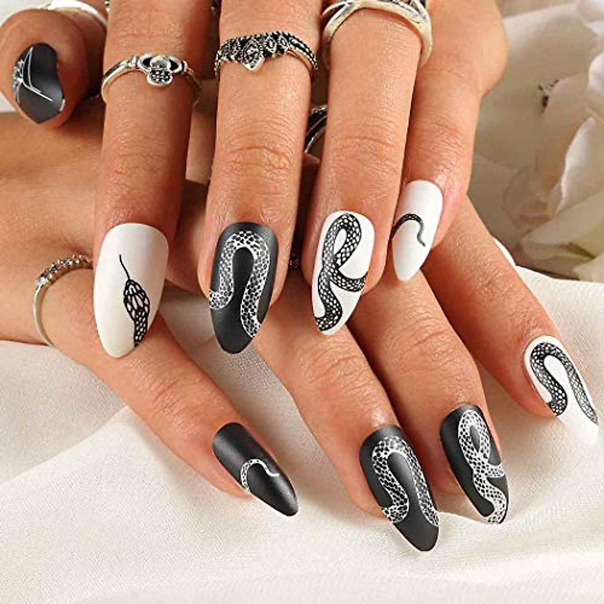 Outyua Medium Snake Press on Nails Black&White Fake Nails Matte Almond False Nails with Designs Stick on Nails Tips for Women and Girls 24Pcs (Snake)