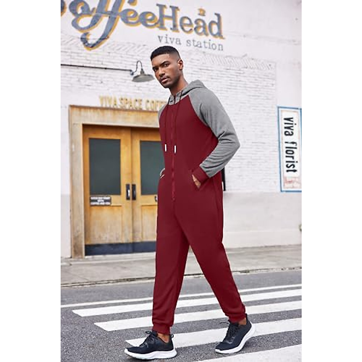 COOFANDY Mens Stylish Romper Christmas Jumpsuit One Piece Outfits Pajamas with Pockets (Wine Red/Grey S)