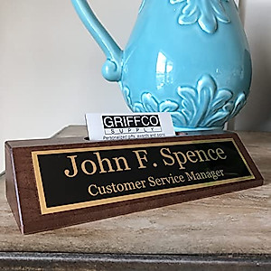 Griffco Supply Desk Name Plate Personalized - Name Plate for Desk with Card Holder - PhD Graduation Gifts Genuine Hardwood Nameplate for Desk - Made in USA Custom Plaque (Walnut)
