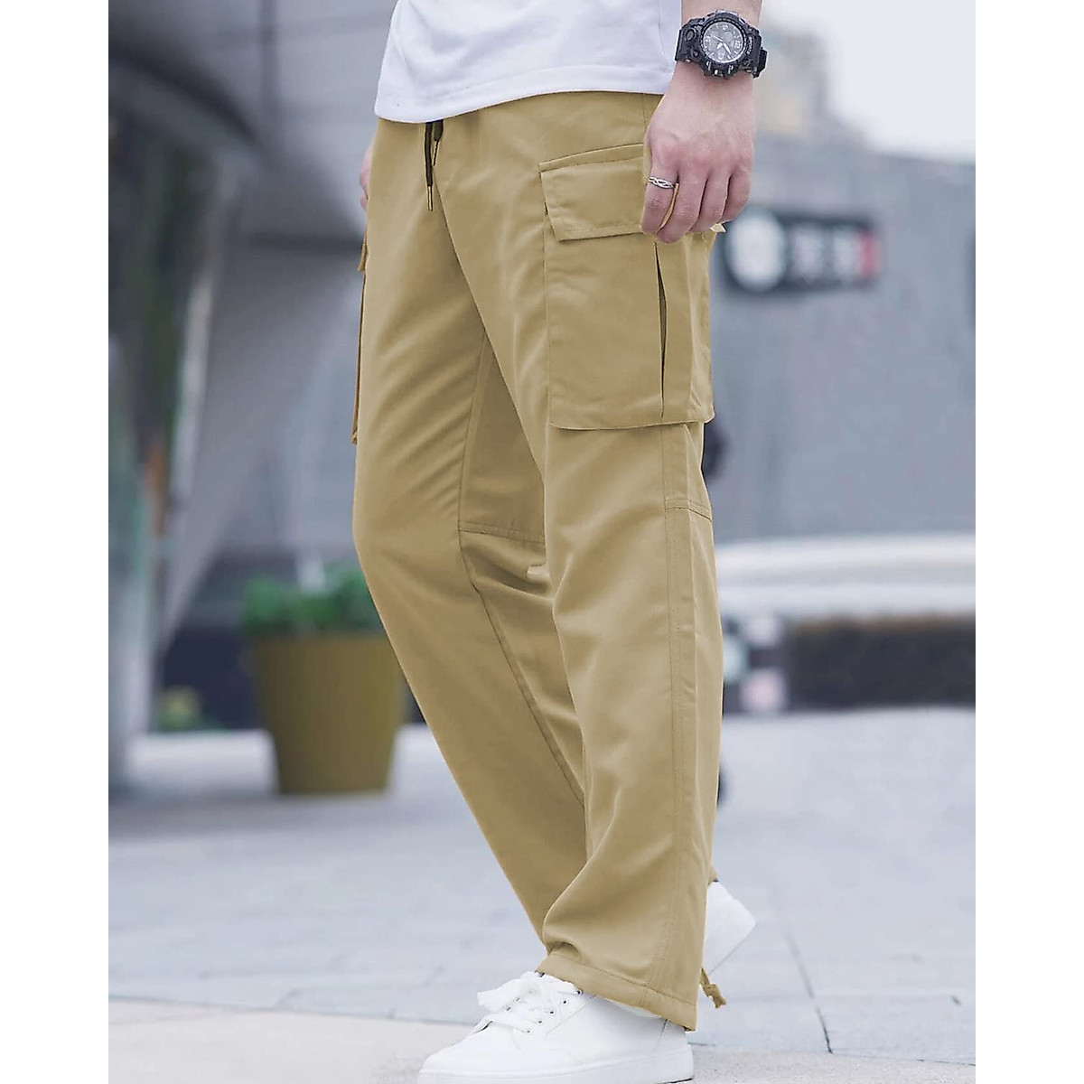 LYRXXX Men's Casual Cargo Pants Hiking Pants Workout Joggers Sweatpants for Men,Light Khaki,L