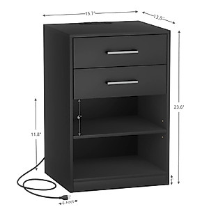 Irontar Nightstand with Charging Station, 2 Drawers End Table with 2 AC Outlets and 2 USB Ports, Wooden Side Table, Bedside Table with Adjustable Open Storage, Bedroom Night Stand, Black BZZ001BE