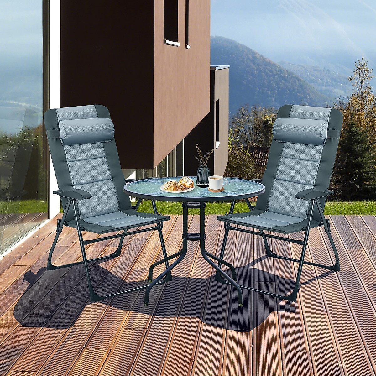 GYMAX Patio Chairs with Ottomans, Outdoor Recliner Set of 2 with 7-Level Backrest, Armrest, Detachable Headrest & Back Pocket, Padded Folding Camping Lounger for Lawn Balcony Backyard (2)