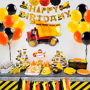 Construction Birthday Party Supplies, 58 Pack Dump Truck Birthday Decorations with Foil Latex Balloons, Paper Tassels, Flower Balls, Cupcake Toppers, Vehicle Banner for Kids Boys Grils Birthday