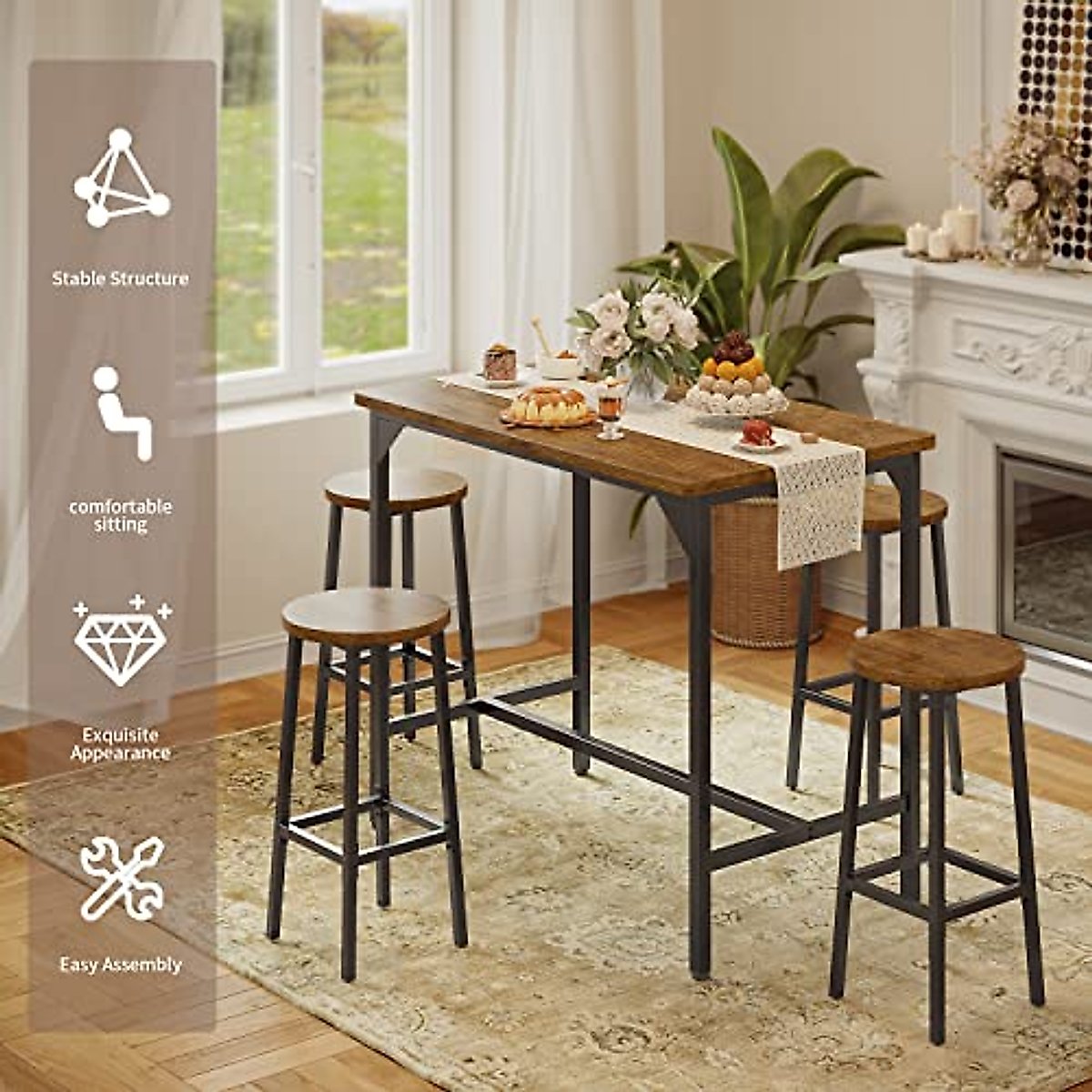 Qsun Kitchen Table Set for 4, Dining Table Set with 4 Chairs, Counter Height Bar Table and Chairs Set for Kitchen, Dining Room, Breakfast Nook and Home Bar (Rustic Brown)