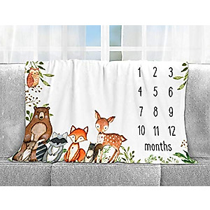 Yuzioey Woodland Baby Monthly Milestone Blanket, Woodland Animals Baby Growth Chart Monthly Blanket, Watch Me Grow Baby Woodland Forest Nursery for New Moms Baby Shower, Includes Marker (50"x40")