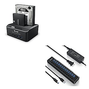 ikuai SATA to USB 3.0 Multi-function Dual Bay Hard Drive Dock+ 13 Port USB 3.0 Aluminum Hub with 72W (12V/6A) Power Adapter