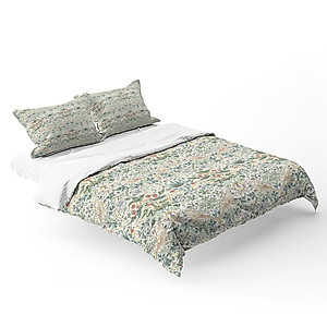 William Morris Floral Bird Duvet Cover Set,White/Green Flower Bedding Set 3PCS Mid Century Vintage Comforter Cover Set for Bedroom,Soft Lightweight All Seasons,Queen Duvet Cover with 2 Pillowcases