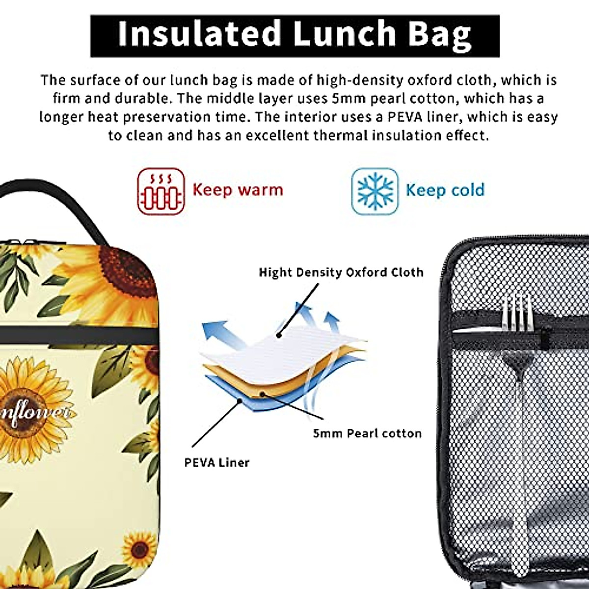 Sunflowers Lunch Bag for Kids boys girls Women Men,Reusable Insulated Lunch Box,Large Capacity Tote Bag for School, Work, Picnic, Travel (Sunflowers, One Size)