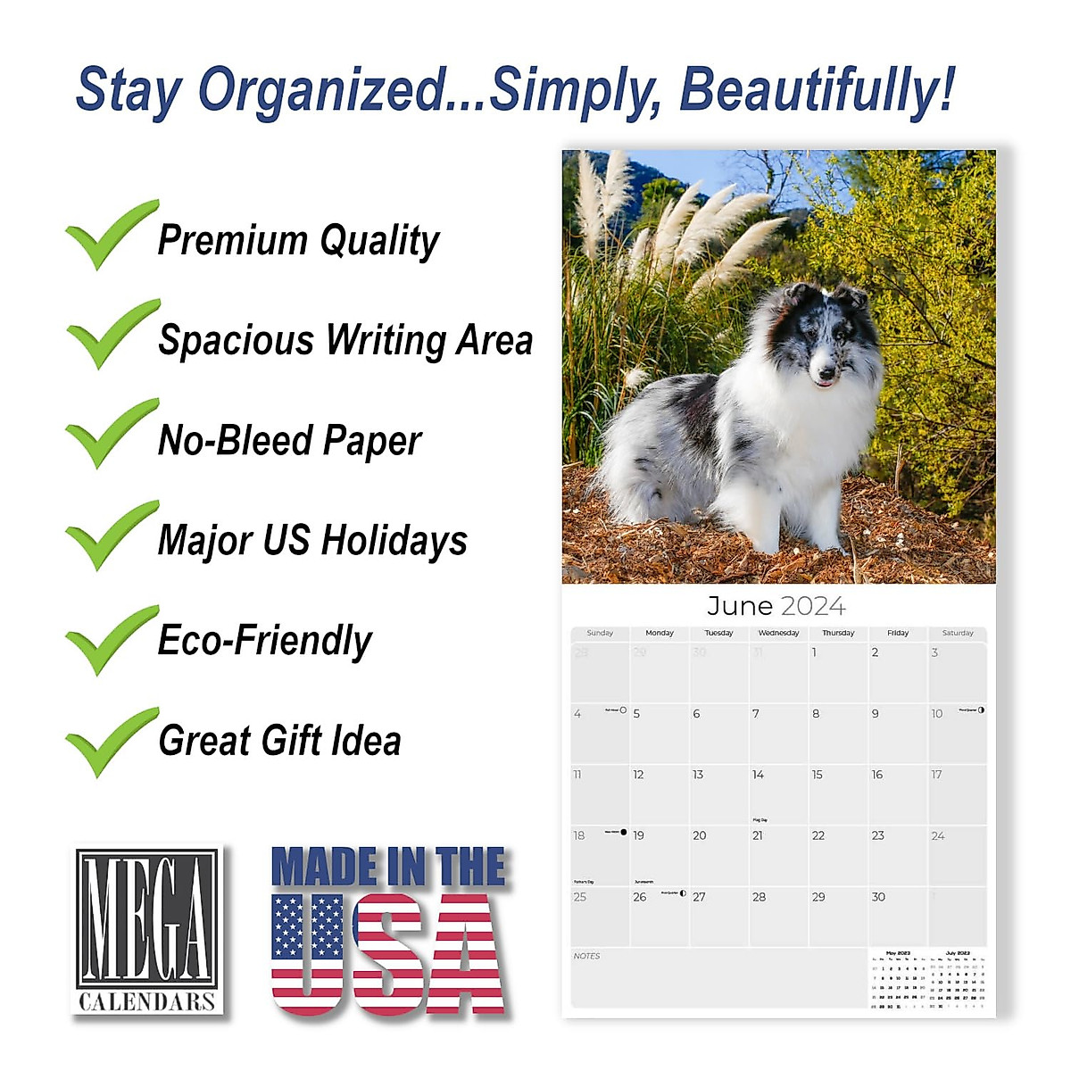 2023 2024 Shetland Sheepdog Calendar - Dog Breed Monthly Wall Calendar - 12 x 24 Open - Thick No-Bleed Paper - Giftable - Academic Teacher's Planner Calendar Organizing & Planning - Made in USA