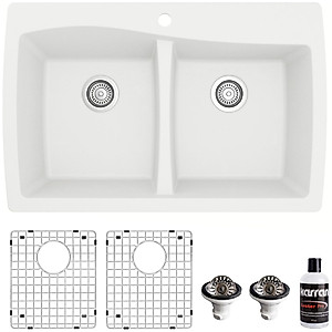 Karran QT-720 Drop-In Quartz Composite 34 in. 1-Hole 50/50 Double Bowl Kitchen Sink Kit in White