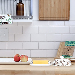 Vaguelly 1 Set Hand Drawn Ceramic Butter Dish with Lid, Vintage Butter Plate Tray with Handle Cover, Cheese Container Holder Butter Keeper for Home Kitchen