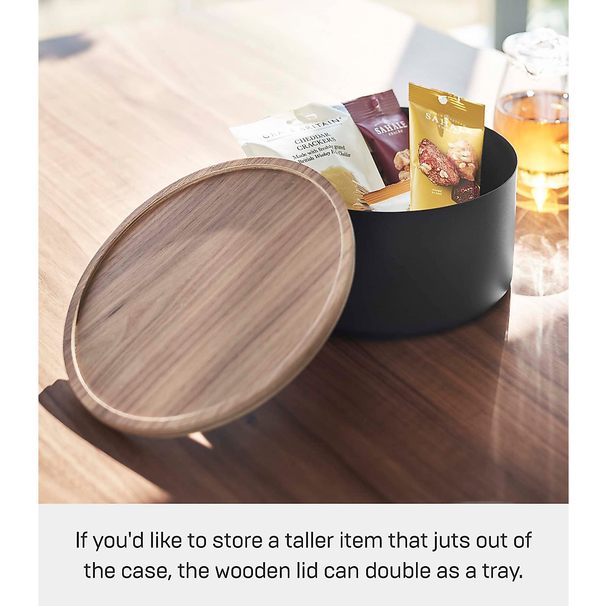 Yamazaki Home Rin Round Storage Case, Snacks, Toy, Or Craft Supplies Holder, Sewing Box Organizer, Wooden Lid Tray - Tall - Steel + Wood