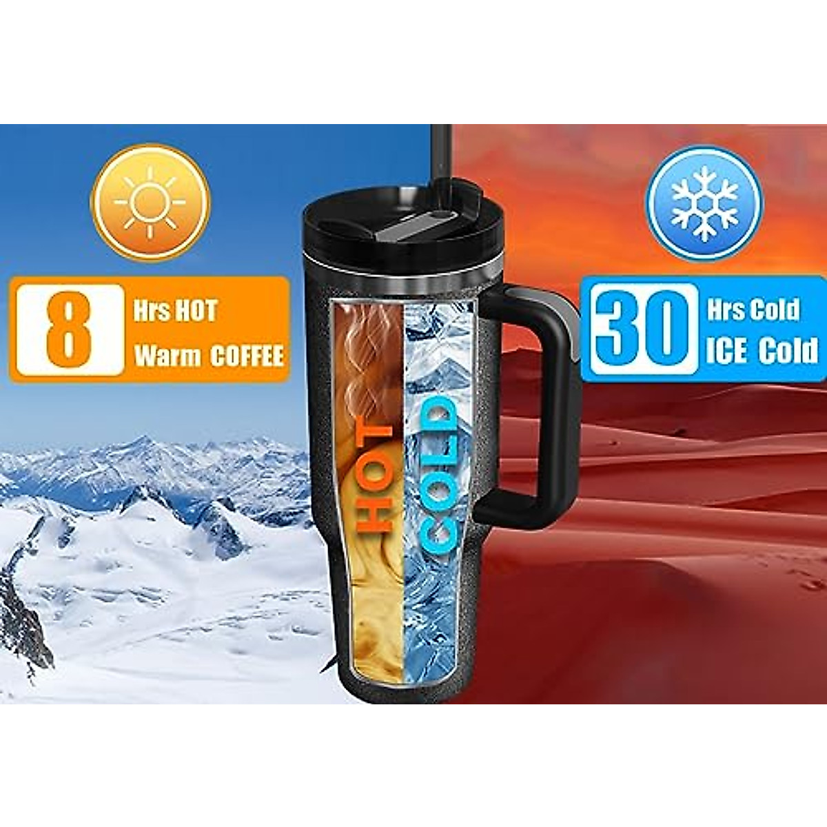 AFINSEA 40oz Tumbler with Handle,Insulated Tumbler with Lid and Straw,Double Wall Vacuum Stainless Steel Travel Mug Iced Coffee Car Cup for Hot and Cold Beverage(Night)