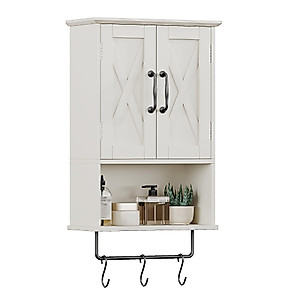 ChooChoo Farmhouse Medicine Cabinet, Bathroom Wall Cabinet with Adjustable Shelf, Towel Bar, 3 Hooks, Over The Toilet Storage Cabinet for Bathroom, Kitchen, White