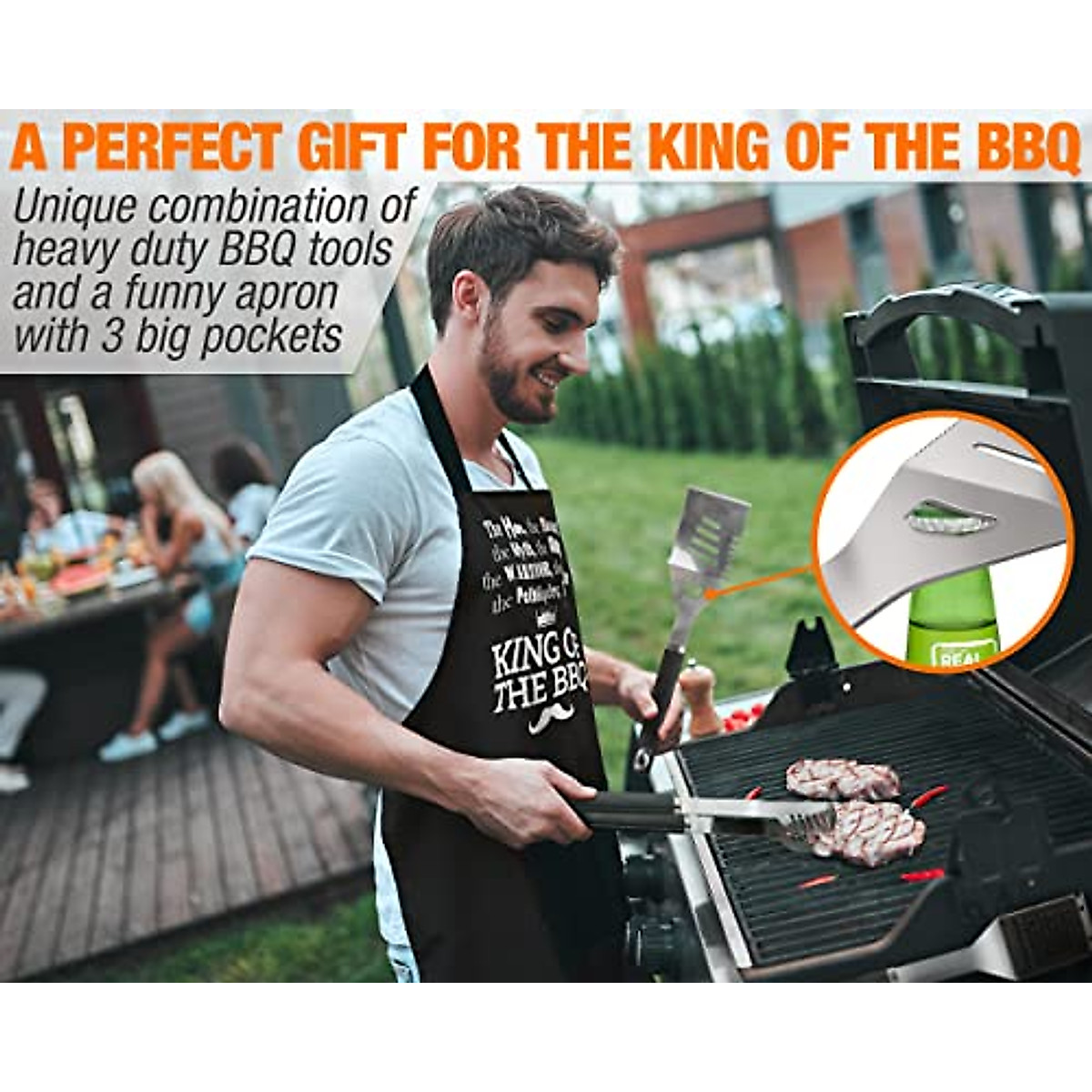 Fun BBQ Gifts for Men : 4Pcs Set Grilling Accessories. Heavy Duty Stainless Steel Utensil Set + Funny Apron. Best Grilling Gifts for Men or Gifts for Men who Have Everything.