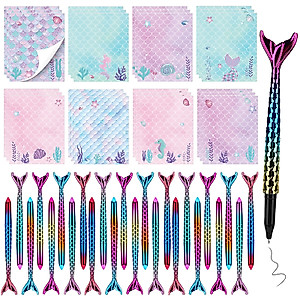 Ireer 48 Pcs Mermaid Pens and Mermaid Note Pads Set Mermaid Party Favors Mermaid School Supplies Cute Sticky Note Pads with Gel Ink Pen for Girls Birthday Gift Decorations School Classroom Awards