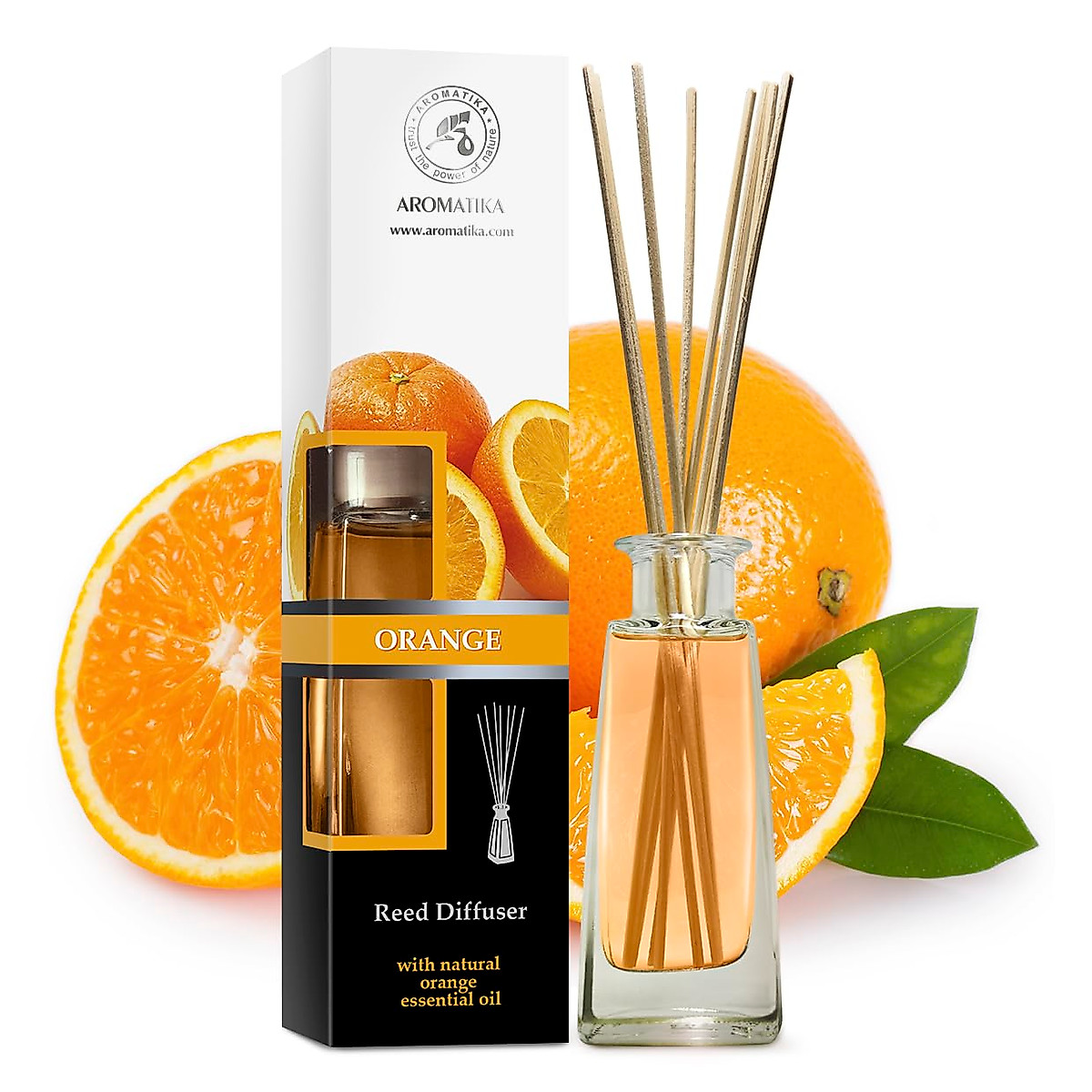 Orange Diffuser w/Orange Oil 3.4 Fl Oz - Fresh Room - Long Lasting Fragrance - Scented Reed Diffuser Orange - Diffuser Gift Set - for Aromatherapy - Home - Orange Essential Oil Diffuser by AROMATIKA